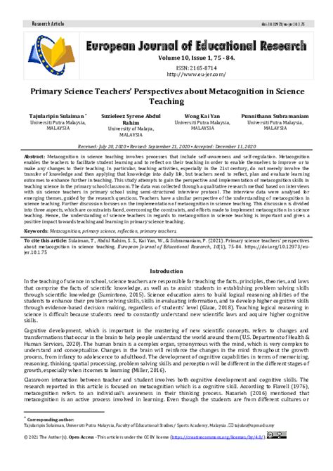 Pdf Primary Science Teachers Perspectives About Metacognition In