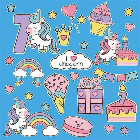 Adesivos coloridos de unicórnio de feliz aniversário para criança de 7