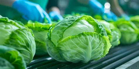 Processing Hydroponic Cabbage On Conveyor Belt In Factory Plant Concept