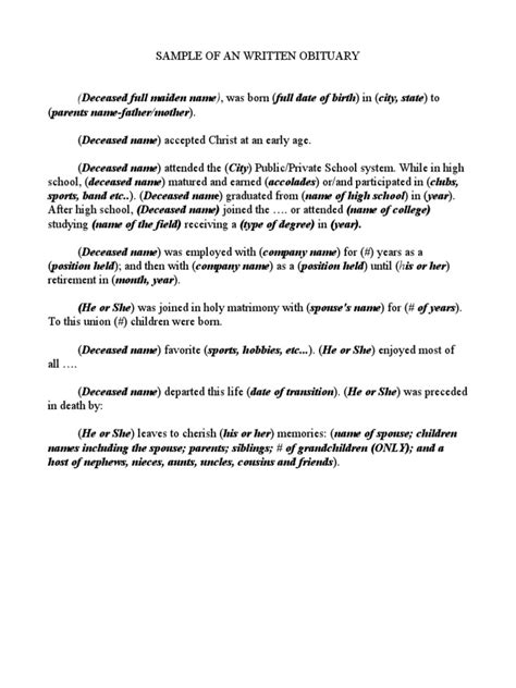 Sample Of A Written Obituary Pdf