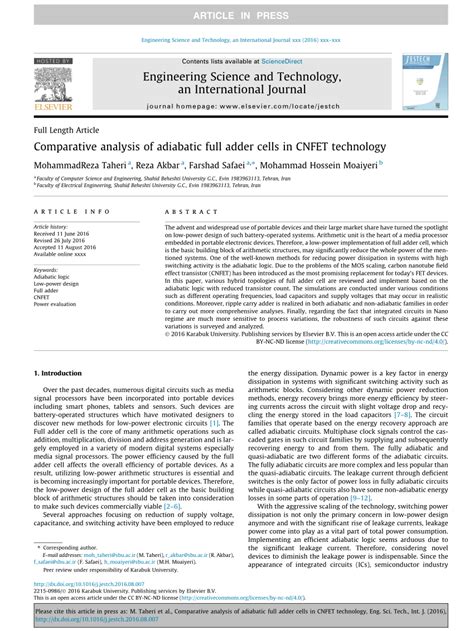 Pdf Comparative Analysis Of Adiabatic Full Adder Cells In Cnfet Technology