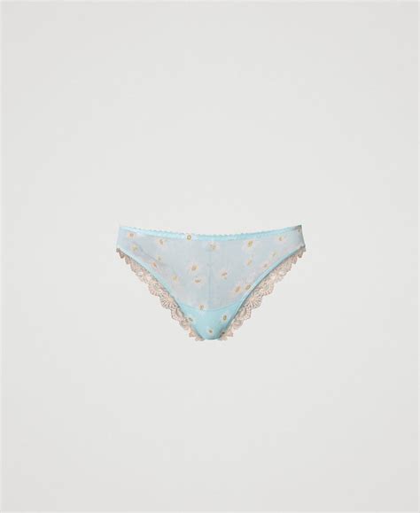 Braguita Brasileña De Tul Con Estampado De Margaritas Mujer Azul