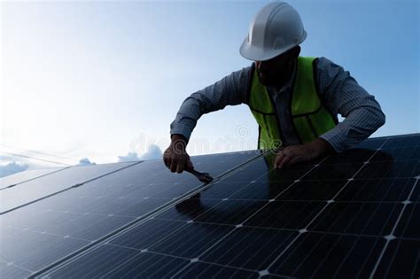 Silhouette Of An Engineer Installing And Giving Maintenance To Solar