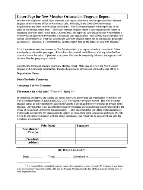 Cover Page For New Member Orientation Program Report Dartmouth Form