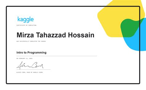 mirza tahazzad hossain completed the intro to programming course on kaggle