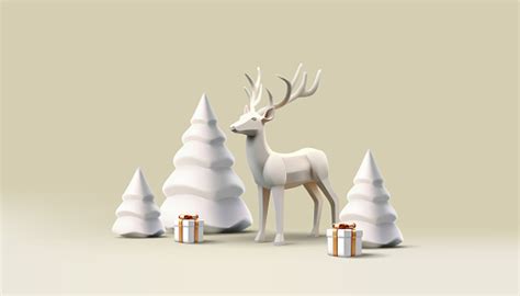 크리스마스 겨울 축제 3d 구성입니다 크리스마스 트리와 선물 상자가 있는 순록 흰색 렌더링 조각상 사실적인 트렌디한 엽서 삽화 3차원 형태에 대한 스톡 벡터 아트 및 기타
