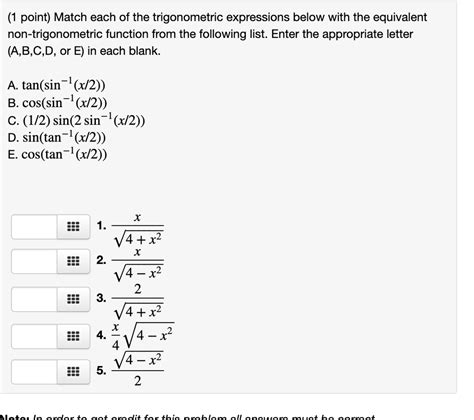 Solved Point Match Each Of The Trigonometric Expressions Below With