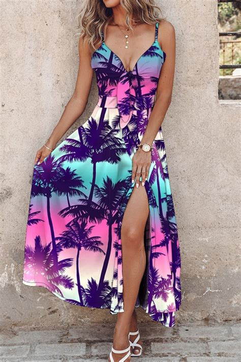 Wholesale Sexy Casual Print Backless Slit Spaghetti Strap Long Dresses