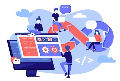 Devops 개발자는 컴퓨터 장면에서 작업 프리미엄 벡터