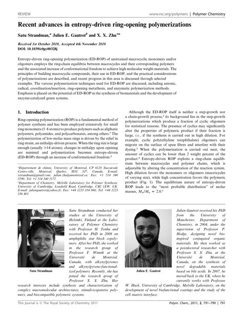 Pdf Recent Advances In Entropy Driven Ring Opening Polymerizations