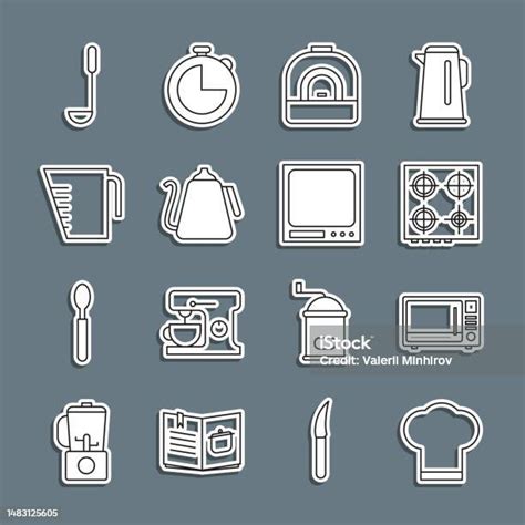 셰프 모자 전자레인지 가스레인지 오븐 손잡이가 있는 주전자 계량컵 주방 국자 전자 저울 아이콘을 설정합니다 벡터 가열장치에 대한 스톡 벡터 아트 및 기타 이미지 Istock