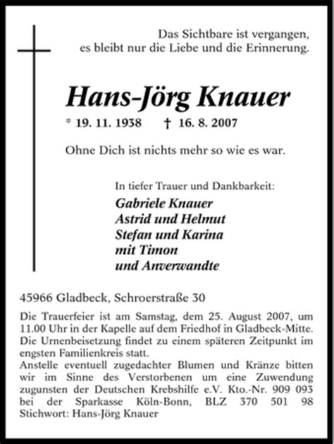 Traueranzeigen Von Hans Jörg Knauer Trauer In Nrw De