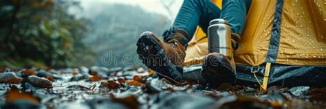 Lone Man Seeks Refuge Next To A Colorful Tent As Rain Pours Down