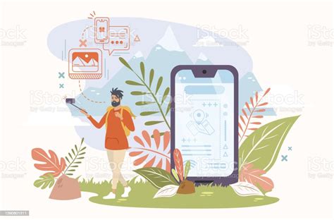 남자는 스마트 폰으로 여행을 올려다 본 후 산에서 셀카를 찍습니다 Brand Name Smart Phone에 대한 스톡 벡터