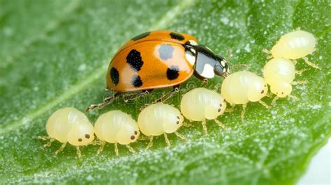 Close Up Of A Ladybug With Several Larvae On A Green Leaf Highlighting
