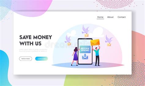 Characters Sending Sms Messages Landing Page Template Tiny Man And