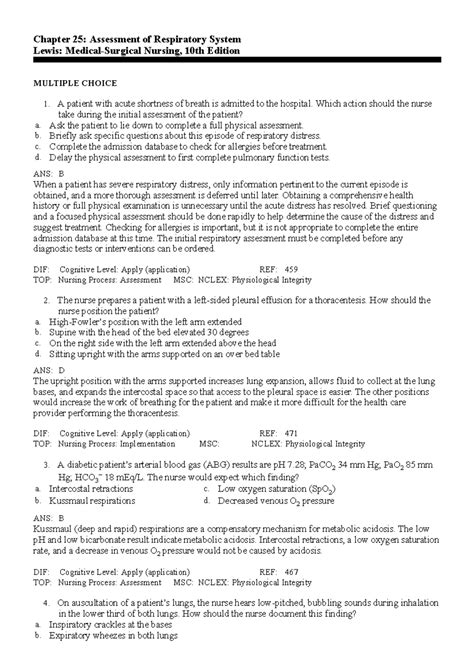 Assess Resp Test Bank For Resp System Chapter 25 Assessment Of
