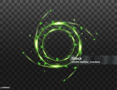 추상적인 바람은 녹색 잎과 반짝임으로 소용돌이치고 투명한 배경에 격리됩니다 공기 소용돌이와 날아다니는 민트 잎으로 물결의 벡터 현실적인 그림 벡터 그림 개념에 대한 스톡