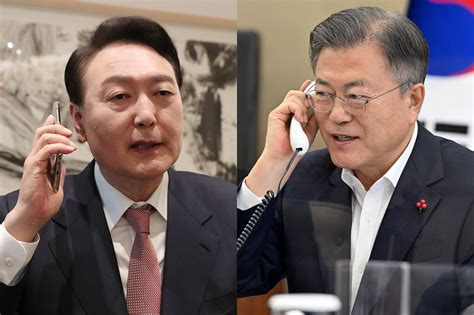 문 대통령 “당선 축하” 윤 “많이 가르쳐 달라”