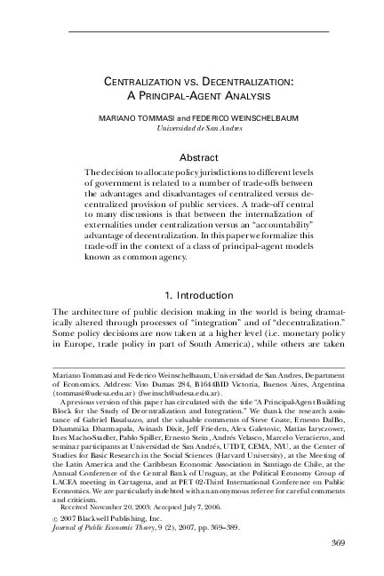 Pdf Centralization Vs Decentralization A Principal Agent Analysis