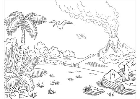 Brachiosaure Ptérosaures et volcan fumant Coloriages de Dinosaures à