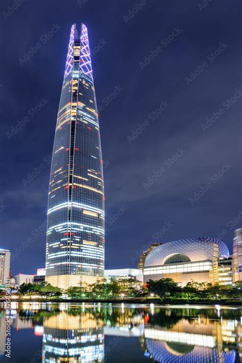 Awesome Night View Of Lotte World Tower At Downtown Seoul Stock Photo