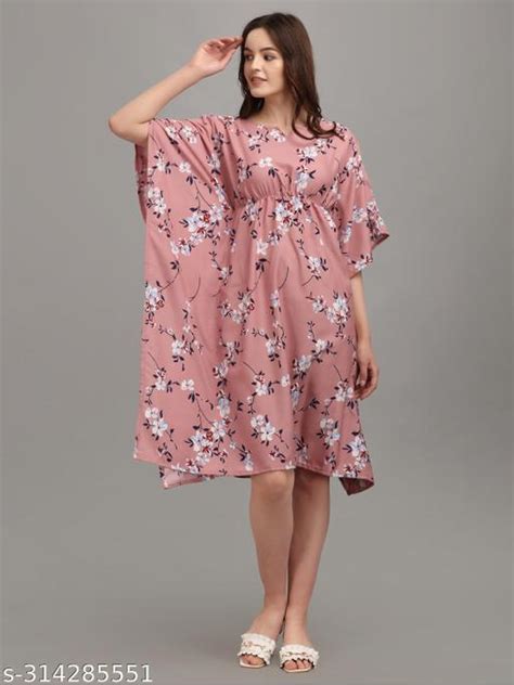 Women Wine And White Floral Print Kaftan Dress