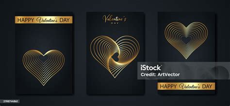 발렌타인 데이 세트 카드 골드 와이어 프레임 하트 기호입니다 검은 배경의 미니멀리스트 휴일 포스터 배너 전단지 파티 초대장 보석 선물 가게에 대한 황금 고급 개념 A4