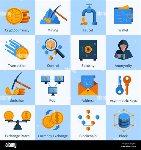 Set Of Icons In Flat Style With Virtual Currency Block Chain Mining And