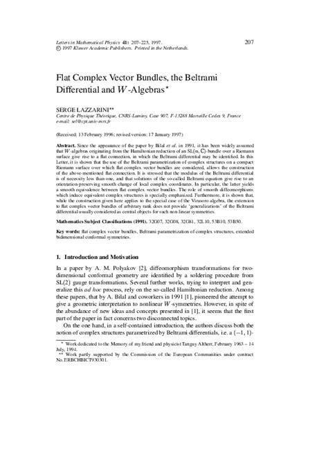 Pdf Flat Complex Vector Bundles The Beltrami Differential And W Algebras