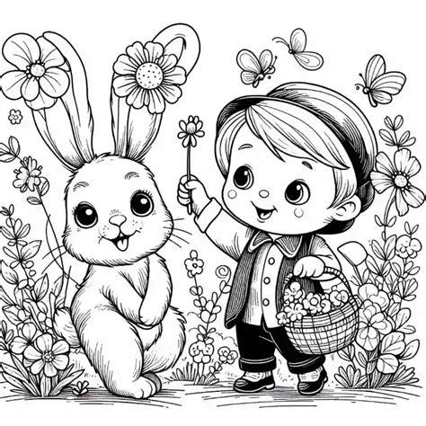 Dibujo niño y conejito para colorear