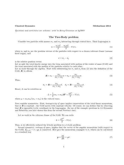 The Two Body Problem Classical Dynamics Michaelmas 2014 Pdf