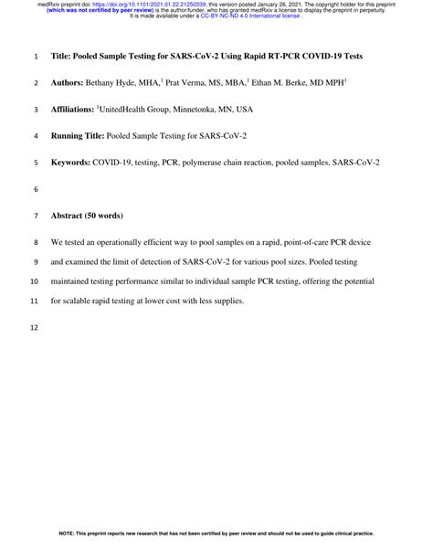 Pdf Pooled Sample Testing For Sars Cov 2