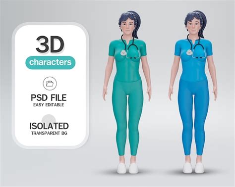 3d 렌더링입니다 만화 캐릭터 여자 의사는 제복을 입는다 의료 클립 아트 배경에 고립입니다 프리미엄 Psd 파일