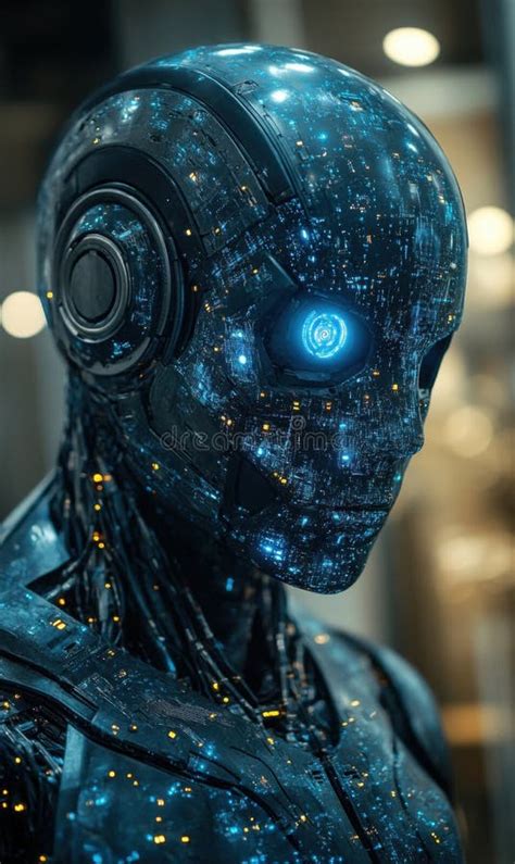 Futuristic Humanoid Robot With Glowing Blue Eyes And Intricate Design Stock Image Image Of