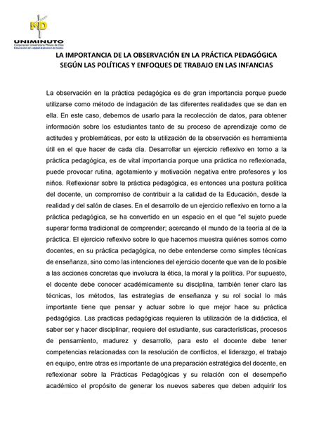 LA Importancia DE LA Observación EN LA Práctica Pedagógica Según LAS