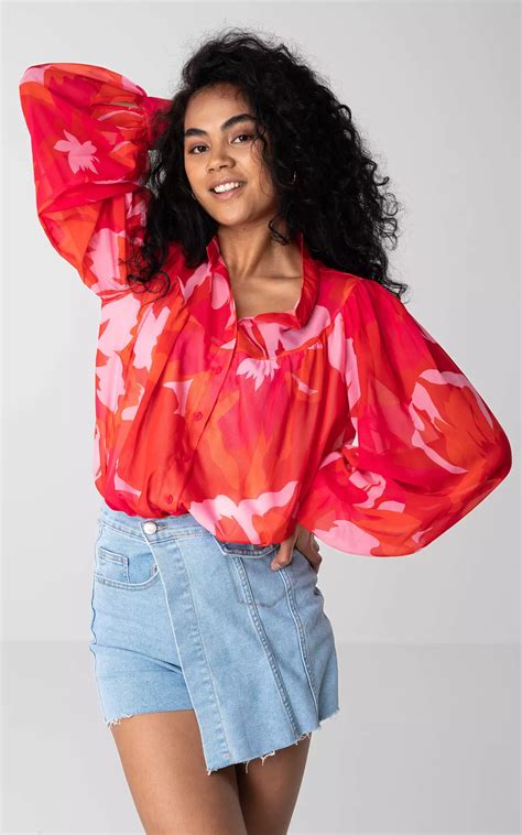 See Through Blouse With Wide Sleeves Red Light Pink