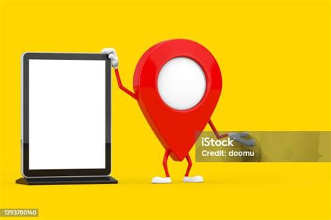 빨간색 지도 포인터 대상 핀 캐릭터 마스코트 빈 무역 쇼 Lcd 화면 디스플레이 는 디자인에 대한 템플릿으로 서 3d 렌더링 Lcd에 대한 스톡 사진 및 기타 이미지