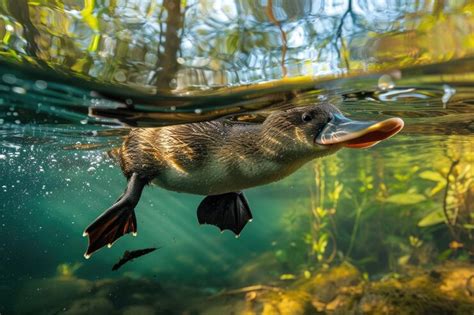 Playful Platypus Swimming Underwater In Sunlight Ai Premium Ai Generated Image