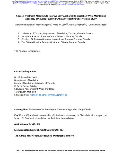 Pdf A Sepsis Treatment Algorithm To Improve Early Antibiotic De Escalation While Maintaining