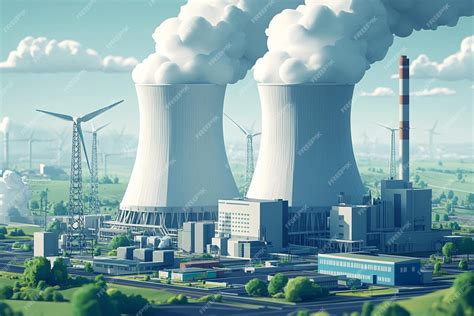 Illustration Of A Nuclear Power Plant With Massive Wind Turbines And