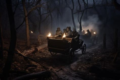 Haunted Hayride Ghostly Figures Through Dark Forest Generative Ai
