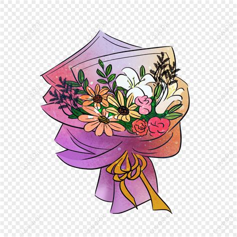 화려한 일러스트 백합 라벤더 꽃다발 클립 아트초대엽서 Png 일러스트 무료 다운로드 Lovepik