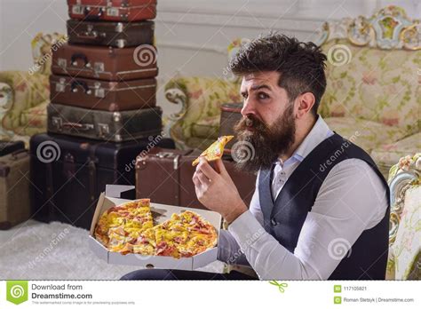 Man With Beard And Mustache Holds Delivered Box With Tasty Fresh Hot