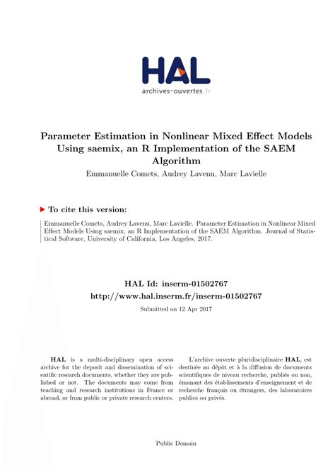 Pdf Parameter Estimation In Nonlinear Mixed Effect Models Using Saemix An R Implementation Of