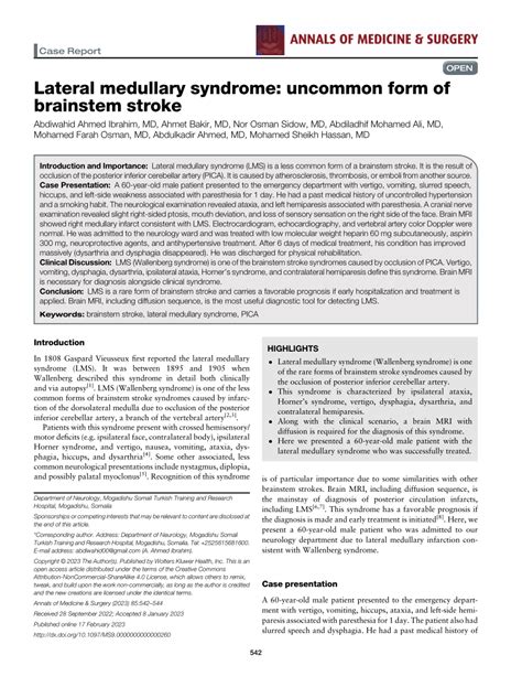 Pdf Lateral Medullary Syndrome Uncommon Form Of Brainstem Stroke