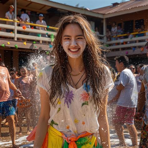 Araffe Girl With A White Shirt And Colorful Skirt Standing In The Water