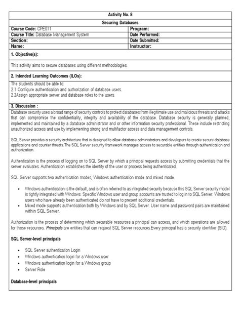 Laboratory 8 Securing Databases Pdf Information Security Databases