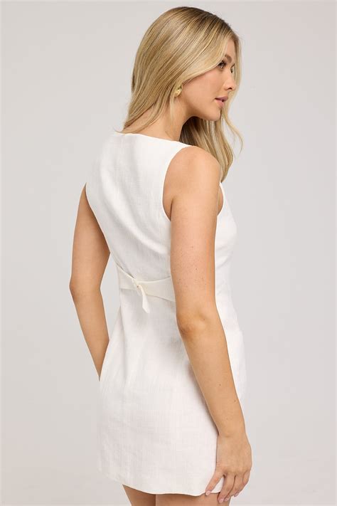 Perfect Stranger High Neck Button Up Linen Mini Dress White Universal