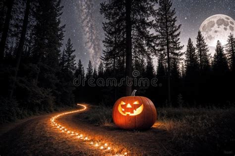 Pumpkin Head Glows In The Dark Forest At Night Scary And Mystical